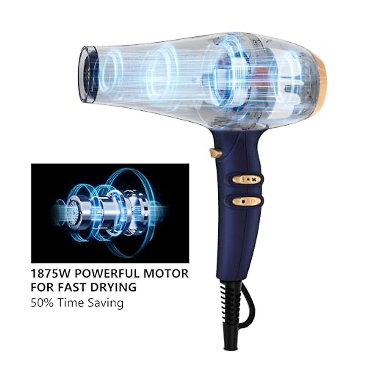 CONFU Hair Dryer, 1875W Professional Salon Blow Dryer, with Diffuser and Concentrator Nozzles Negative Ionic Hair Blow Dryer 2 Speed 3 Heat Quick Drying Suitable for Hairdressers Family Styling