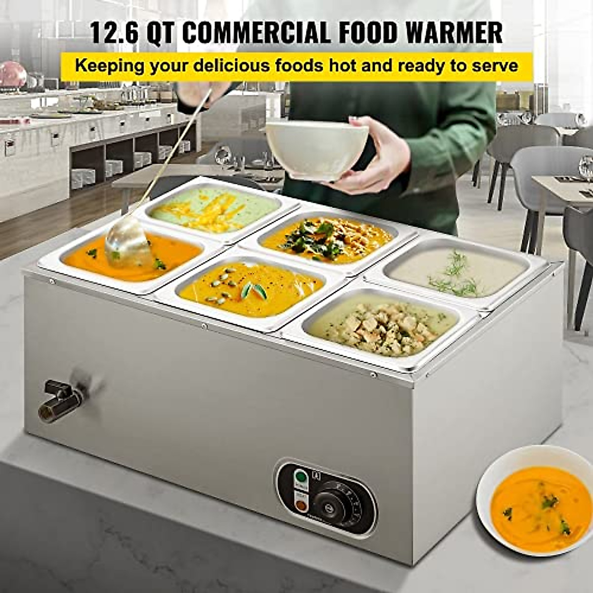 Commercial Food Warmer 6 Pan, Stainless Steel Bain Marie - 12.6 Qt Capacity, 1500W, Temperature Control, Electric Soup Warmer with Lids and Ladles