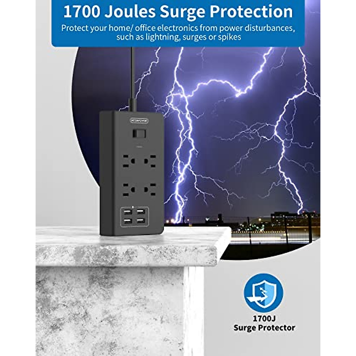2 Prong Power Strip with Flat Rotating Plug, NTONPOWER 10ft Extension Cord Surge Protector, 4 Outlets 4 USB, 2 Prong to 3 Prong Outlet Adapter, 1700 Joules, Overload Protection for Non-Grounded Outlet