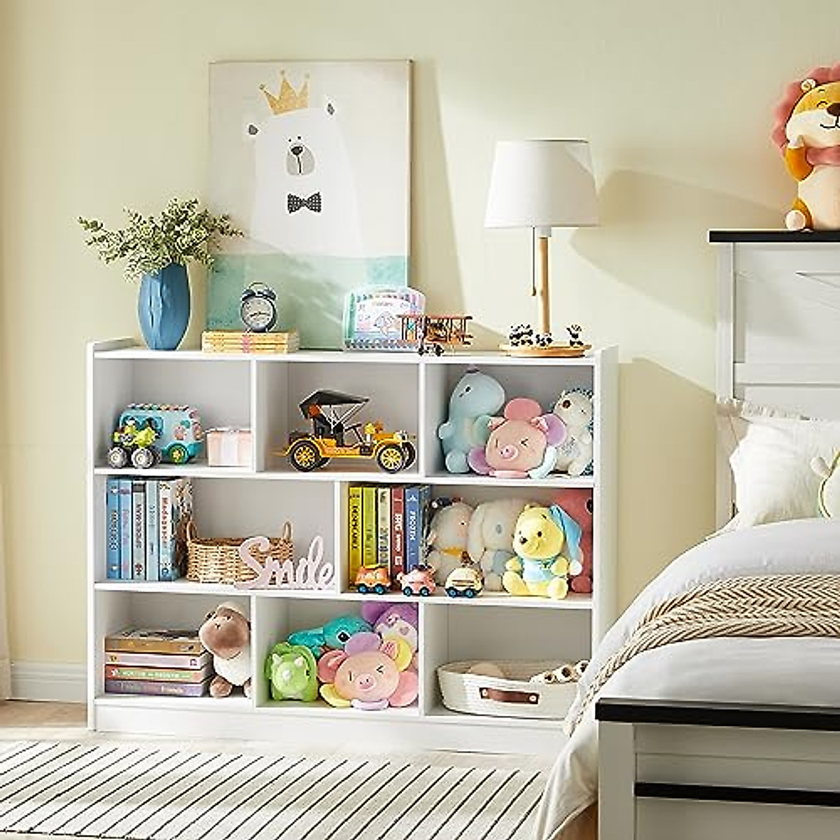 3-Tier Bookshelf, 8-Section Wooden Bookcase, Storage Organizer with Anti-Tilt Device, Modern Storage Display Cabinet for Living Room, Classroom, Kid’s Room (White)