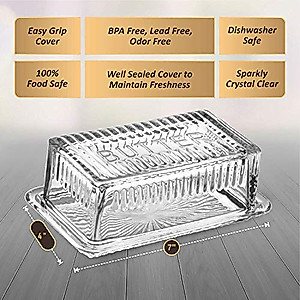 Bezrat Glass Butter Dish with Lid - Butter keeper - 100% Food Safe - Dishwasher Safe - Antique Look with the word "BUTTER" engraved on top - Fits East and West Coast butter sticks