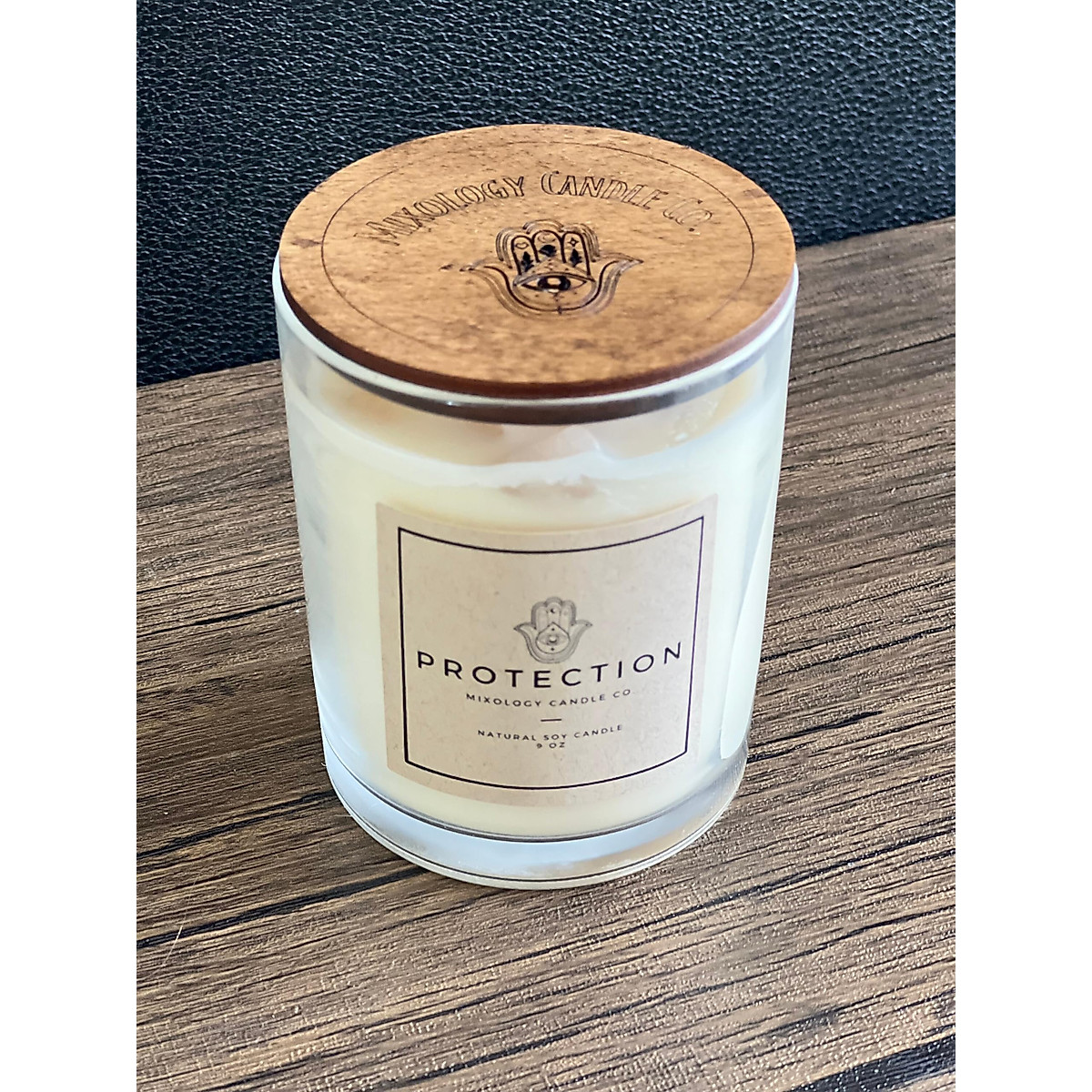 Evil Eye Protection Candle, Pink Quartz, Amethyst Infused, Lavender and Chamomile Scent, 10 oz Glass Jar with Hamsa Hand Positive Energy Beeswax and Soy Wax