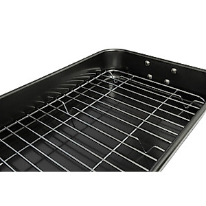 Roasting Pan with Rack and Handles - 15 Inch Carbon Steel Roaster Pan for Oven - Large Roaster Pot for Turkey Chicken Meat & Vegetables, Dishwasher Safe, Heavy Duty, Black