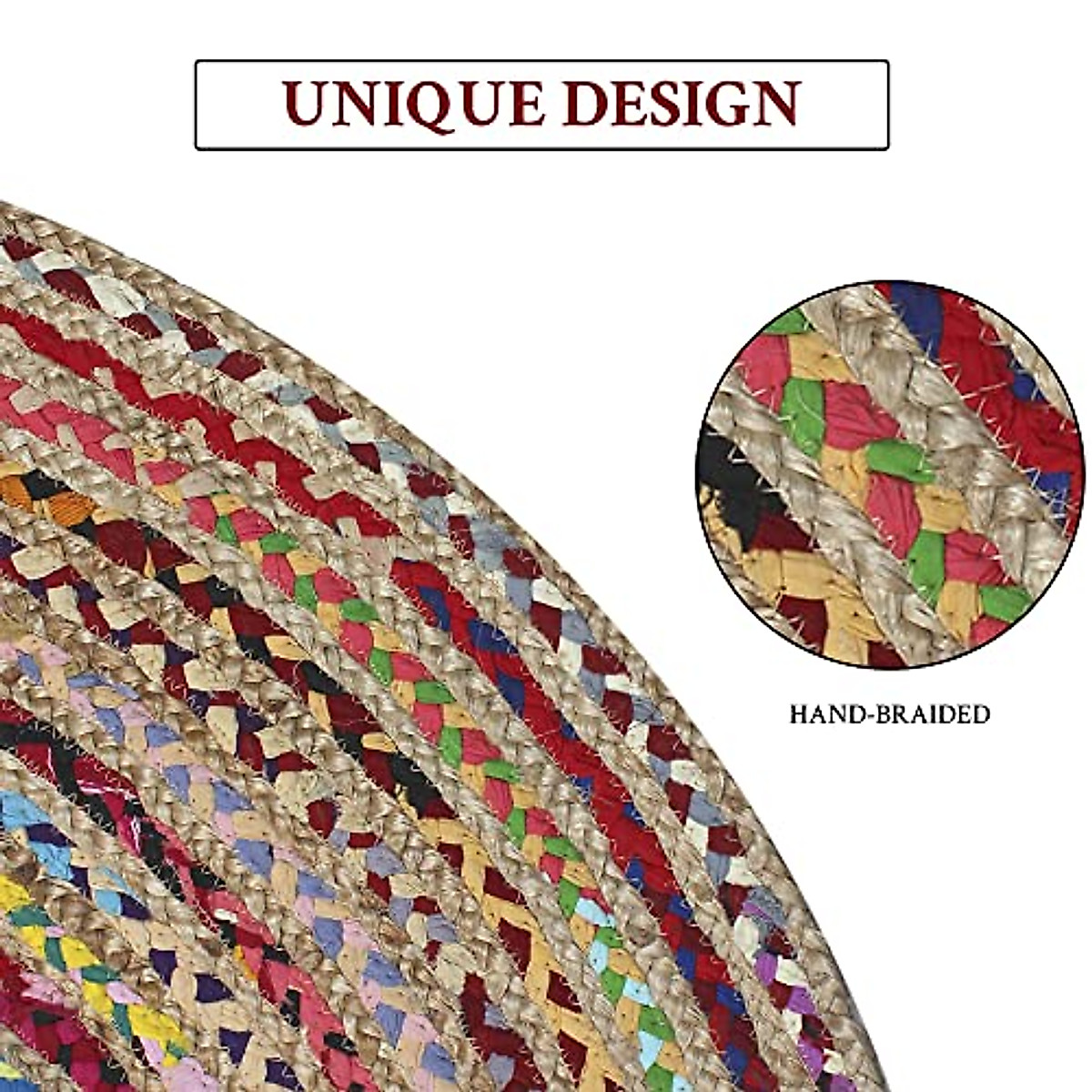 Hand Braided Cotton and Jute Rug - 4x6 feet Oval Reversible Farmhouse Accent Area Rug Boho Rustic Home Decor Colorful Recycled Chindi Carpet