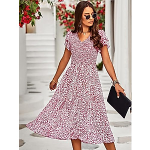 Theenkoln Women's Boho Ruffle Sleeve V Neck Leopard Print Ruffle Tiered Maxi Dress Smocked Top Chiffon Flowy Long Dress