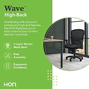 HON Wave High Back Office Chair Ergonomic Office Chair with Leather Seat, Breathable Back Mesh Desk Chair With Wheels and Arms, 360 Swivel, Synchro-Tilt Recline - Comfortable Home Office Desk Chair