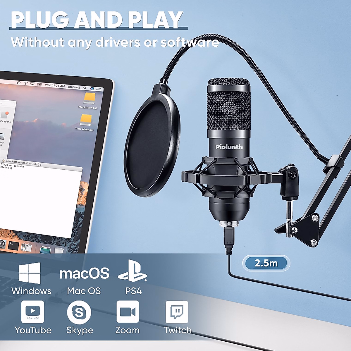 USB Microphone, Professional 192kHz/24Bit Plug & Play PC Computer Condenser Cardioid Mic Kit with Sound Advanced Chipset, for Streaming, Podcast, Studio Recording and Games
