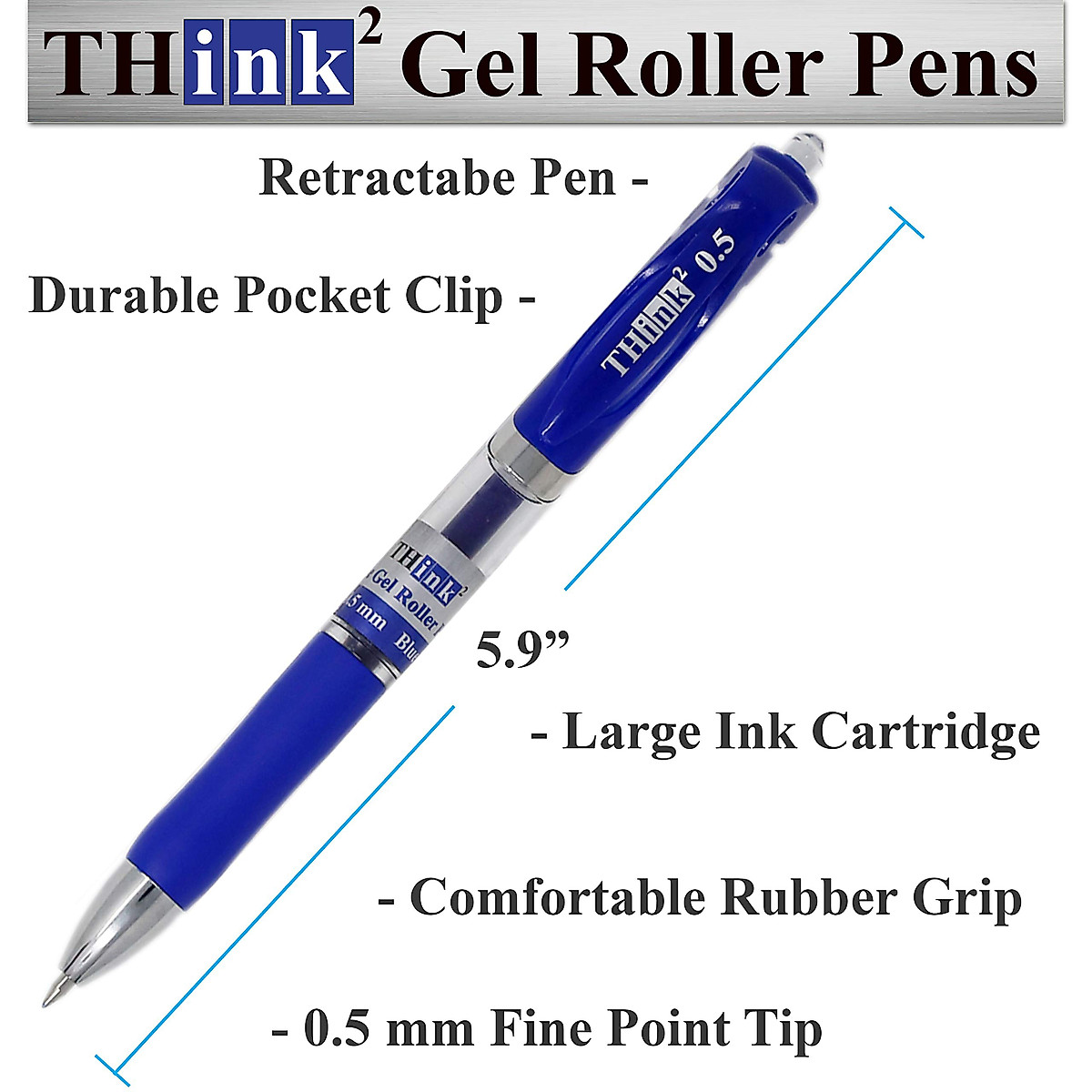THINK2MASTER [24 Pens - Blue Ink] Think2 Retractable Gel Pens. (24 Blue) Fine Point (0.5mm) Rollerball Pens with Comfort Grip.