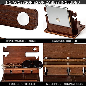 Solid Wood Phone Docking Station for up to 3 Phones - Nightstand Organizer for Men & Women Holds Multiple Phones, Tablets, Apple Watch & More - Neatly Stores Keys, Rings, Glasses & EDC, Brown