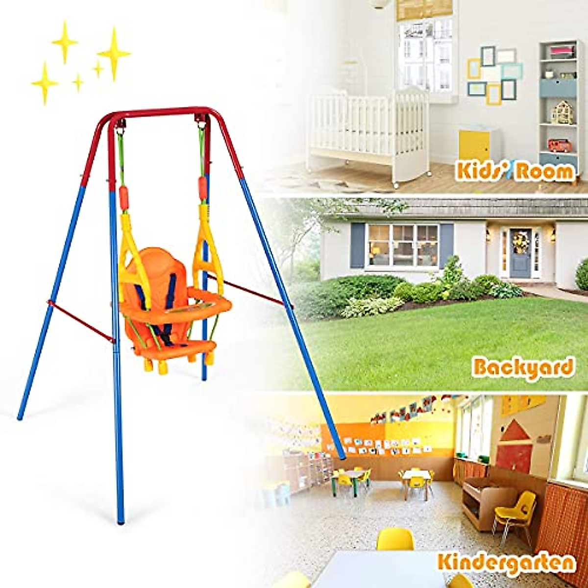 Costzon Toddler Swing Set, Outdoor A-Frame Swing for Backyard with Safety Harness and Handrails, Swing Stand Frame with Anti-Rust Frame for Outdoor Garden Backyard Kindergarten (Swing with Handrails)