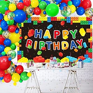 81 Pieces Color Building Block Party Decoration Set Building Block Balloon Arch and Background Kit Child Building Block Balloon Garland Photo Props
