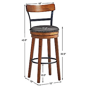 COSTWAY Bar Stools Set of 2, 360-Degree Swivel Stools with Leather Padded Seat, Single Slat Ladder Back & Solid Rubber Wood Legs, Bar Height Stools for Pub, Restaurant, Kitchen, Brown (2, 30.5)