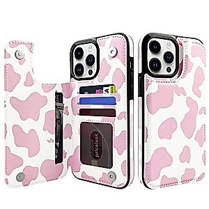 TopPerfekt Flip Leather Wallet Case Card Holder Compatible with iPhone 13 Pro Max 6.7" Women and Girls with Card Holder Kickstand Double Magnetic Clasp Pink Cow Pattern