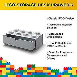 Room Copenhagen Lego Storage Brick 8 Desk Drawer, 8-Stud Stackable Tabletop Storage Box, 12.4 x 6.2 x 4.4 in, Stone Grey