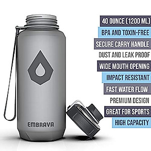 Embrava 40oz Water Bottle - Large with Travel Carry Ring - Wide Leak Proof Drink Spout - Heavy-Duty, BPA & BPS Free Tritan Plastic - Best for Sports, Hiking, Gym, Men & Women