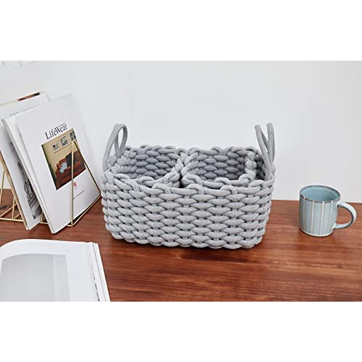 Woven Baskets, Set of 3 for Home, Office, Dorm Room, Living Room, Bedroom, Bathroom, Nursery Storage and Organization (GRAY)
