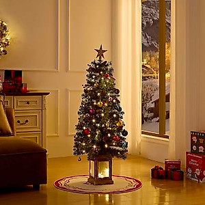 Premium 4ft Pre Lit Artificial Pencil Christmas Tree with Brown Hollow Base, Mini Pre-lit Xmas Pine Tree with 7 Modes LED Lights for Christmas Decoration, Home, Office, Party Decoration (1)