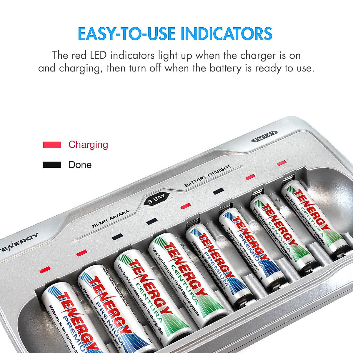 Tenergy TN145 8 Bay Charger and 4 Pack Rechargeable AA Batteries and 4 Pack Rechargeable AAA Batteries, Independent Charging, UL & CE Certified