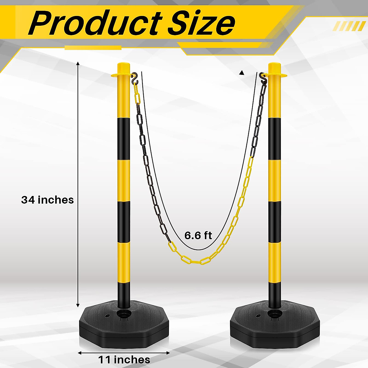 Traffic Delineator Post Cone, Plastic Stanchion Post Set Crowd Control Stands Barrier with 6.6 ft Link Chain and S Hooks for Parking Lot Construction Caution Roads, Yellow, Black (2 Sets)