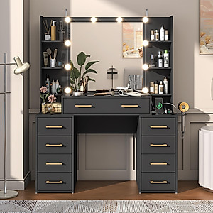 jiteentarou Glass Top Vanity Desk with Mirror and Lights, Large Vanity Makeup Mirror Desk with Charging Station Compartment Storage Drawers, Modern Makeup Vanity with 9 Drawers 6 Shelves, Black