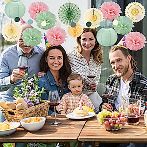 15pcs Paper Lanterns Party Decorations, Sage Green & Blush Pink Paper Lanterns Tissue Pom Poms Streamers Hanging Paper Flowers Lanterns Fans for Bridal Baby Shower Wedding Birthday Supplies Decor