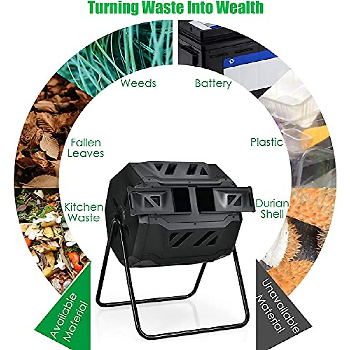 Squareful 43 Garden Compost Bin, 43 Gallon Dual Chamber, Composting Tumbler w/ 2 Sliding Doors & Steel Frame, Large Capacity, Rustproof for All Weather