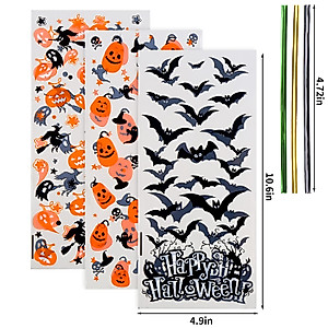 LOKIPA Halloween Cellophane Treat Candy Bags,150 Pieces Halloween Cellophane Gift Goody Snack Sweet Bags with Twist Ties for Halloween Party Supply（3 Style）