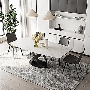 POVISON Modern Dining Table for 4, White Dining Table Sintered Stone Dining Table Top with X-Shape Carbon Steel Pedestal Table, 55 inch Rectangle Dining Table for Dining Room Table
