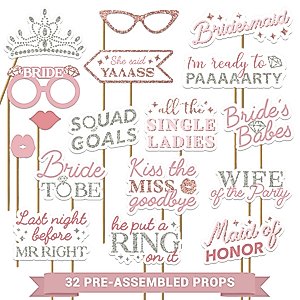Fully Assembled Bachelorette Photo Booth Props - Set of 32 - Rose Gold, Pink, & Silver Signs, Wedding Bridal Shower Bachelorette Party Supplies & Decorations With Real Glitter - Did we mention no DIY?