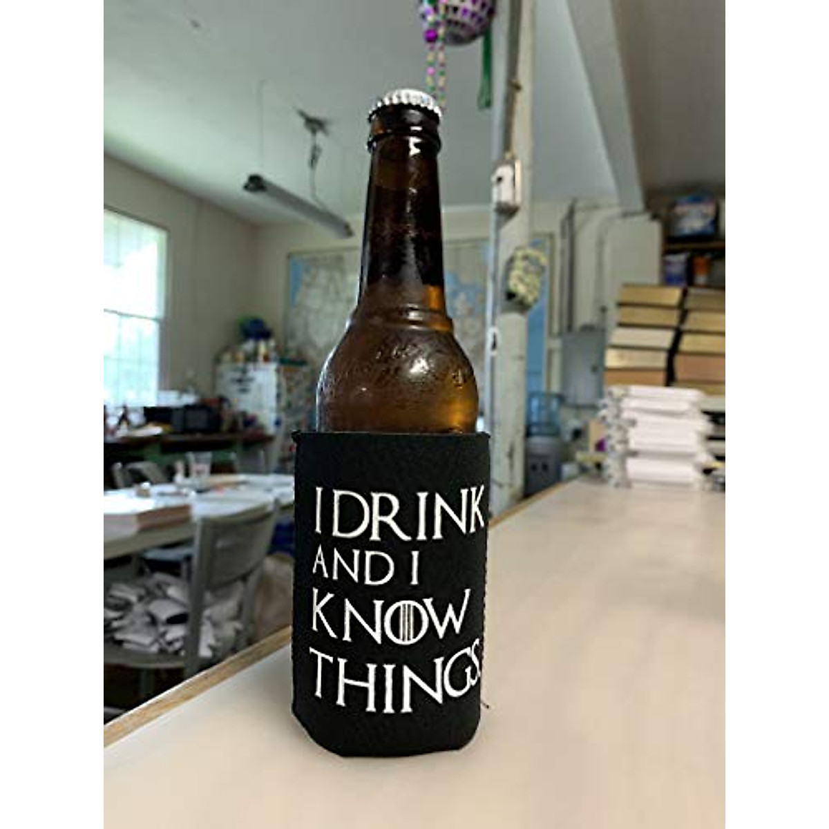 Cool Coast Products | Tyrion Lannister | Black Coolie | Drink and Know Things | Funny Novelty Hugger Coolie Huggie - Fantasy Drama Theme | Beer Gifts | Neoprene Can Cooler (Black Coolie)
