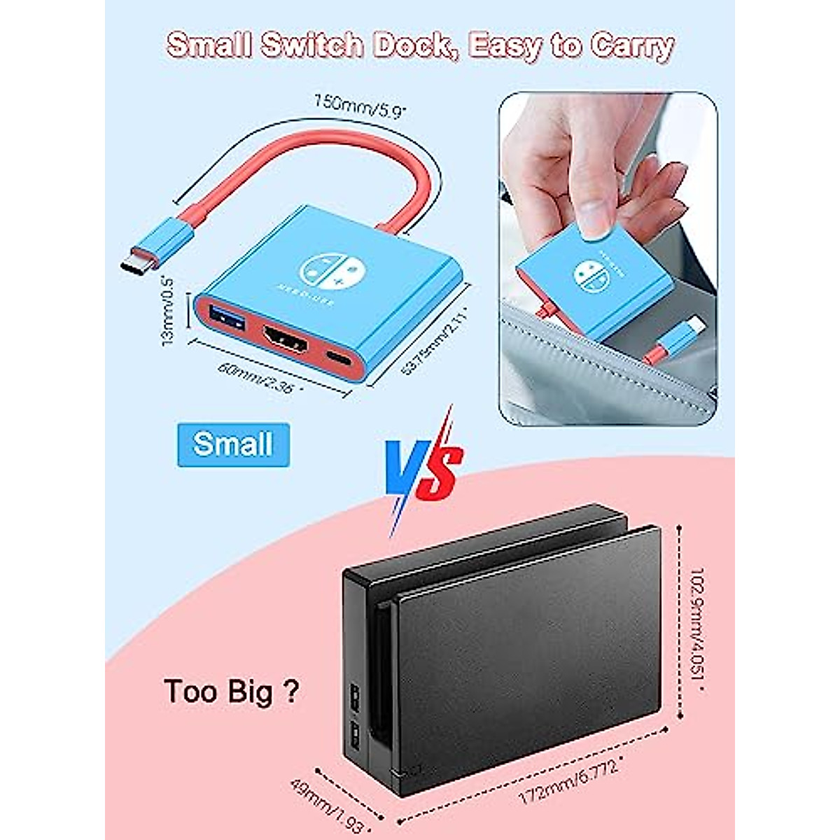 Dnkeaur Switch Dock for Nintendo Switch & OLED, Nintendo Switch Docking Station for TV,Nintendo Switch Base Accessories,Portable Switch Travel Dock,USB C to HDMI Adapter for Steam Deck/MacBook/Laptop