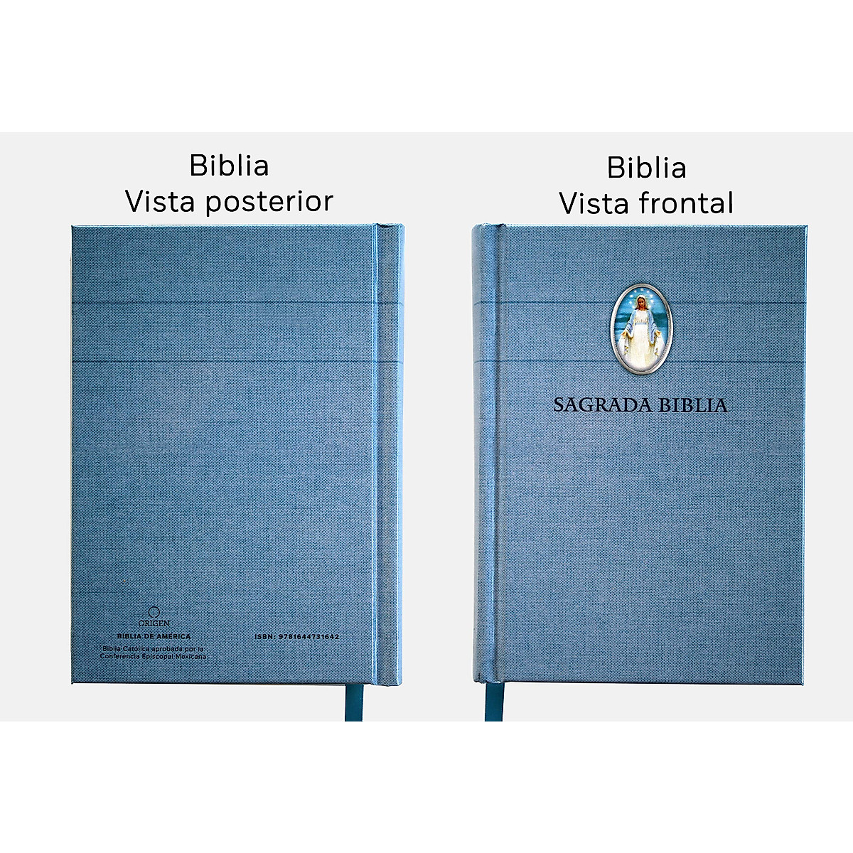 Biblia Católica en español. Tapa dura azul, con Virgen Milagrosa en cubierta / Catholic Bible. Spanish-Language, Hardcover, Blue, Compact