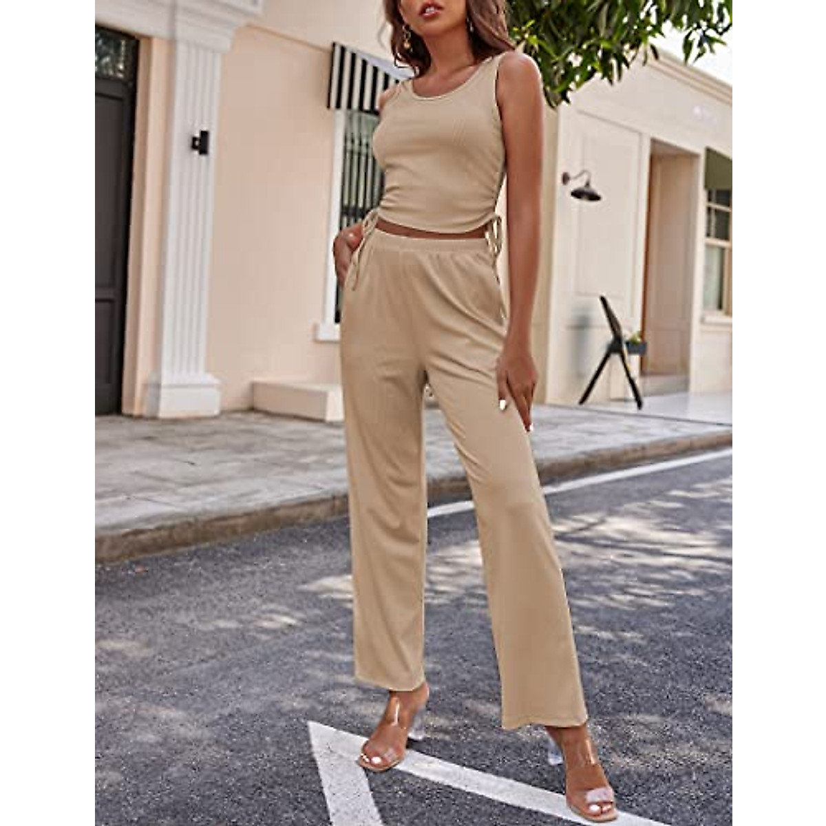 Ekouaer Women's 3 Piece Knit Lounge Set Sweatsuit Khaki