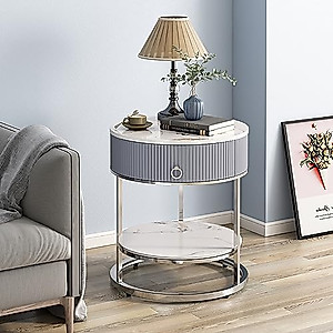 OIOG Modern End Table with Drawer, 2 Tier Side Table with Shelf, Round Nightstand with Sintered Stone Tabletop and Chrome Legs for Living Room, Bedroom, Home Office, Dorm, Silver