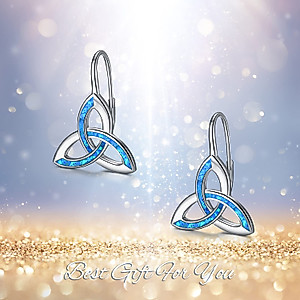 Celtic Trinity Hoop Earrings Sterling Silver Blue Opal Earrings Irish Celtic Jewelry Earrings Opal Leverback Earrings Gifts for Women