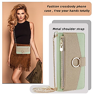 Arseaiy Wallet Case for VIVO V20 SE/Y70 2020 Flip Phone Case Cover with Crossbody Strap Magnetic Zipper Pocket Makeup Mirror PU Leather Shockproof with Kickstand Shell Green