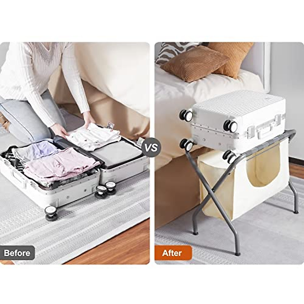 ELYKEN 2 Pack Luggage Rack with Laundry Bag, Guest Room Folding Space Saving Suitcase Holder, Max 110LBS Baggage Shelf with Heavy Duty Nylon Belts, Dirty Clothes Storage for Bedroom Hotel