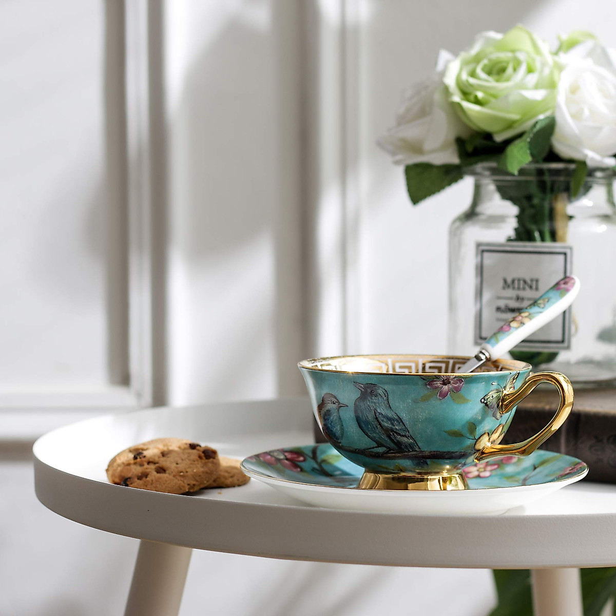 Panbado 3 Piece Bone China Tea Cup Saucer Set with Spoon Porcelain Gold Rimmed Teacup Coffee, Flower and Birds, 200 mL/6.8 oz, Blue Cup & Saucer, Dark