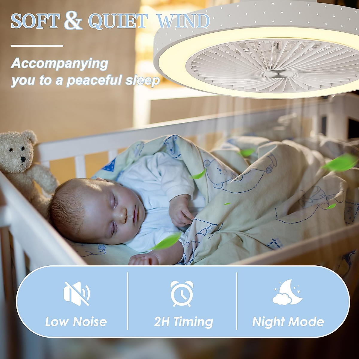 POWROL Ceiling Fans with Lights Low Profile Flush Mount with Remote Control 3 Wind Speeds Dimmable 3 Colors Iron 19Inch Invisible 8 Bladeless Enclosed White Fan Light for Bedroom Kitchen