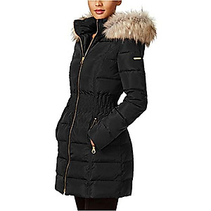 LAUNDRY BY SHELLI SEGAL Women's Cinched Waist Puffer Coat with Faux Fur Hood, Black, Large