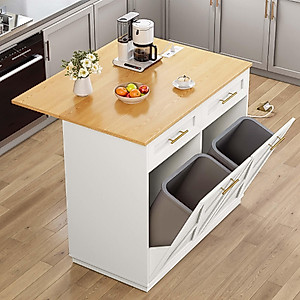 YITAHOME Double Tilt Out Trash Cabinet 10 Gallon with Drop Leaf & Power Outlet, Rolling Kitchen Island Trash Can Recycling Cabinet w Drawer, Pet Proof Garbage Bin Storage for Kitchen, White Oak