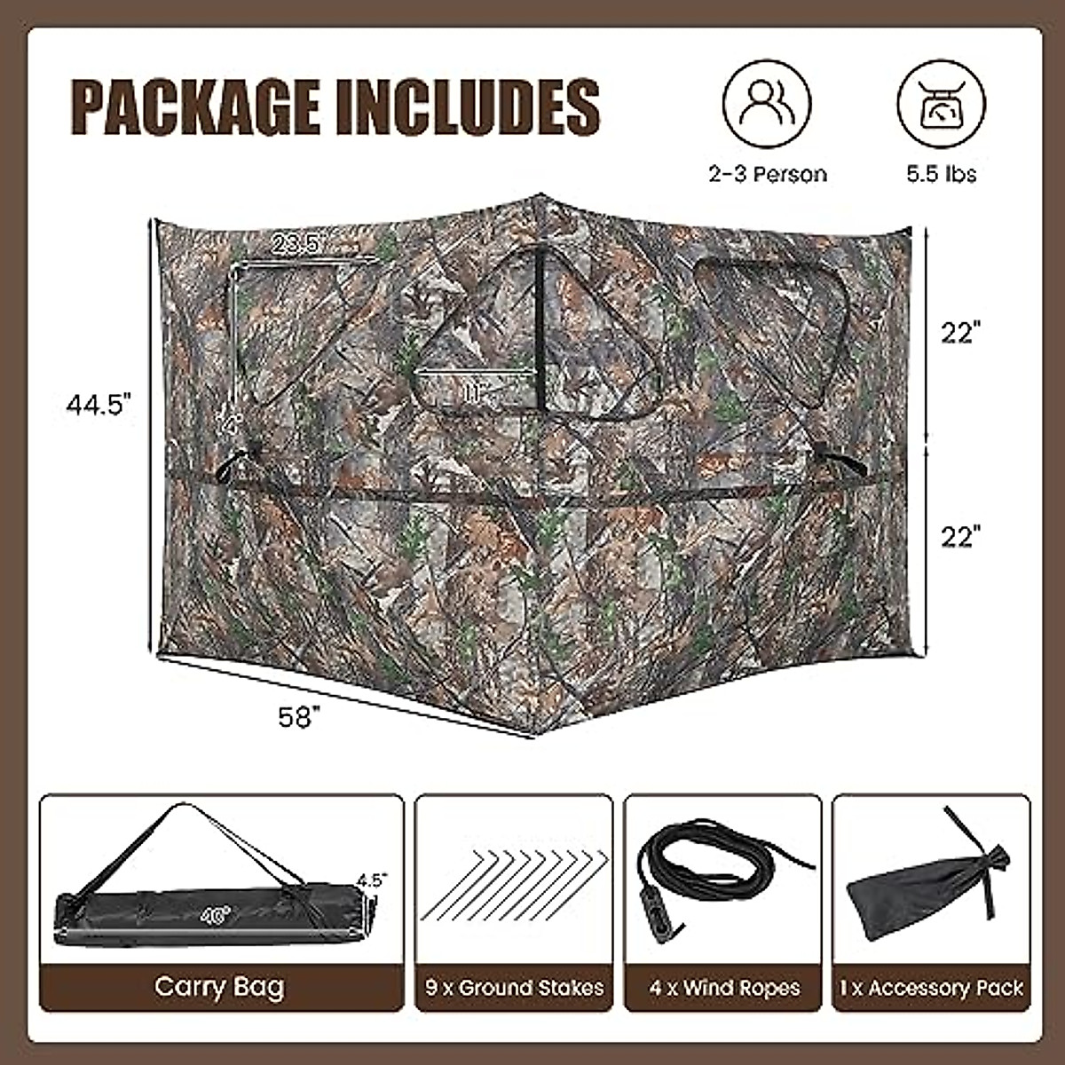 GYMAX Hunting Blind, 2-Panel See Through Pop Up 2-3 Persons Camouflage Deer Blind with Windows & Carrying Bag, Portable Folding Outdoor Ground Blind for Deer Turkey Hunting Gear Accessories