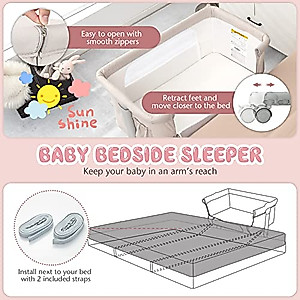 BABY JOY Bassinet Bedside Sleeper, 3 in 1 Folding Crib w/Adjustable Height, Mattress, Lockable Wheels, Storage Pocket & Carry Bag for Infant Newborn, Stationary & Rock, Portable Baby Bassinet (Beige)