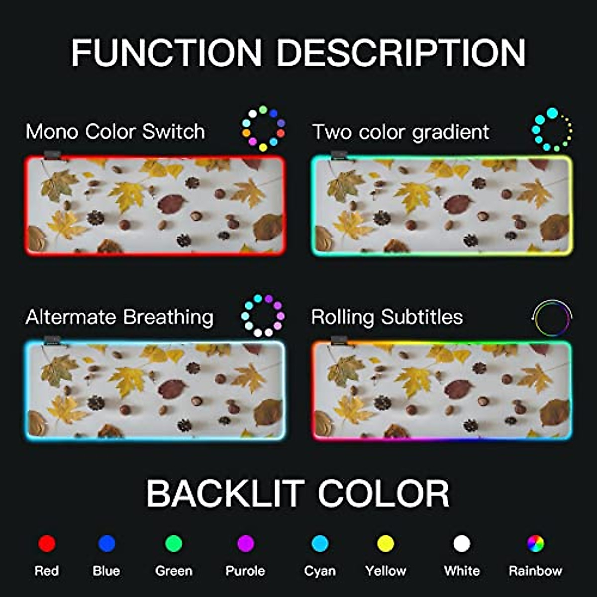 Large RGB Gaming Mouse Pad Autumn Falling Leaves Chestnuts Acorns Isolated Glowing Extended Mousepad 31.5x11.8in, Soft Anti-Slip Rubber Base Luminous Mouse Mat for Pc Laptop, Gaming, Office, Home