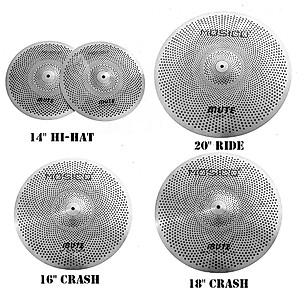 Low Volume Cymbal Pack Mute Cymbal Set 14'Hihats+16"Crash+18'Crash+20"Ride 5 Pieces Silver Drummer Practice Quiet Cymbal for Drum Set