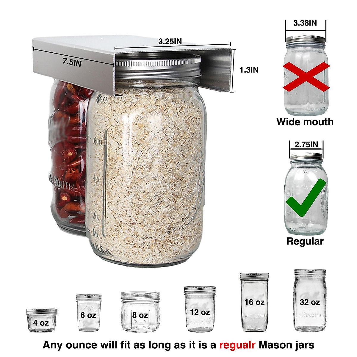 lopeztek Mason Jar Organizer Holder Rack for Food Storage, Under Cabinet Shelf Canning Hanger Accessories for 4oz, 8oz, 12oz, 16oz, 24oz, 32oz, 64oz (2 Pcs-Regular)