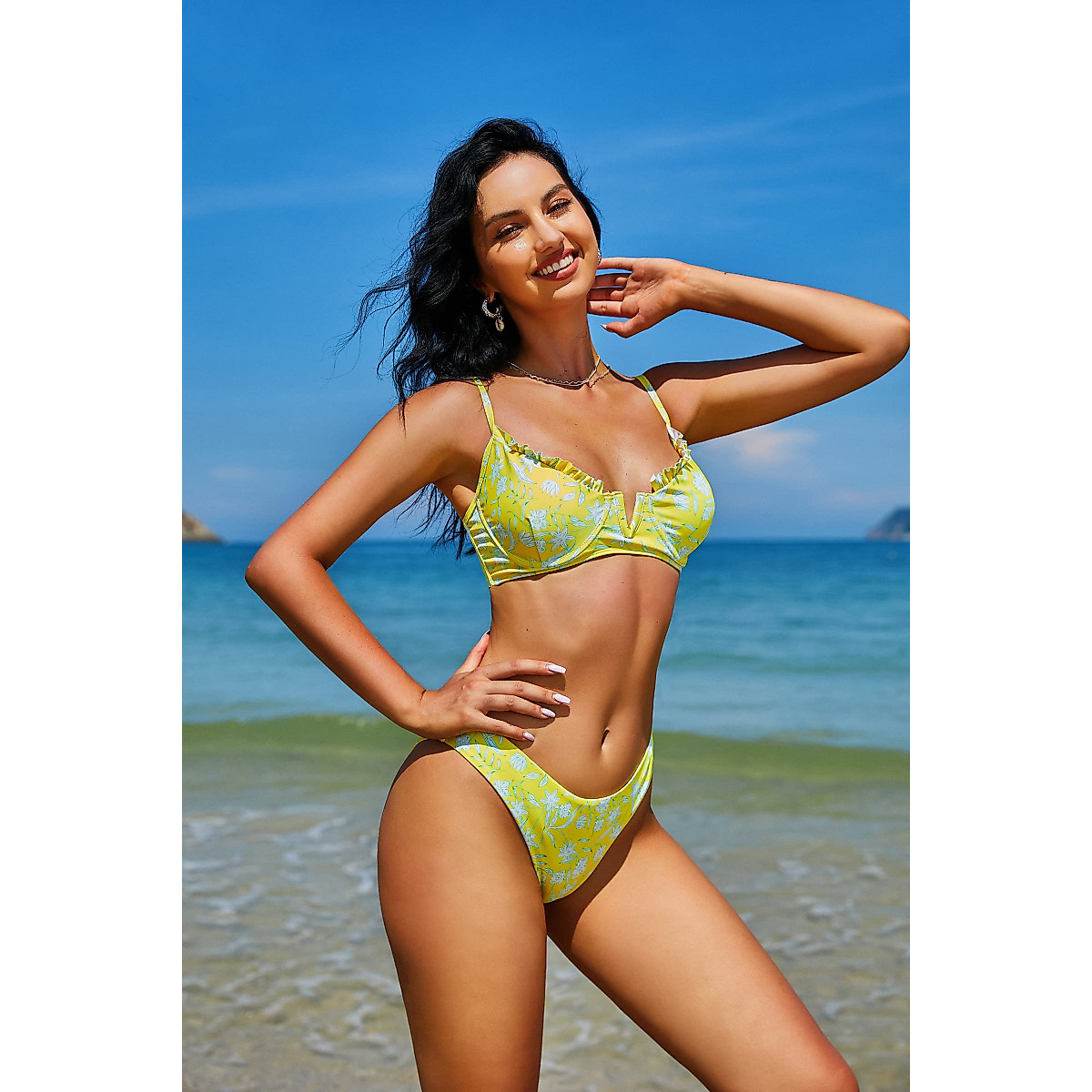 ZAFUL Women's Underwire Bikini Floral High Cut Bikini Set V-Wired Two Piece Swimsuit Bathing Suit (0-Yellow,S)