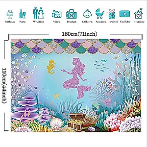 Under The Sea Mermaid Photography Backdrops Mermaid Scales Photo Background Purple Blue Mermaid Pearl Whale Decor Happy Birthday Party Banner 71x44 inch Polyester Fabric Baby Shower