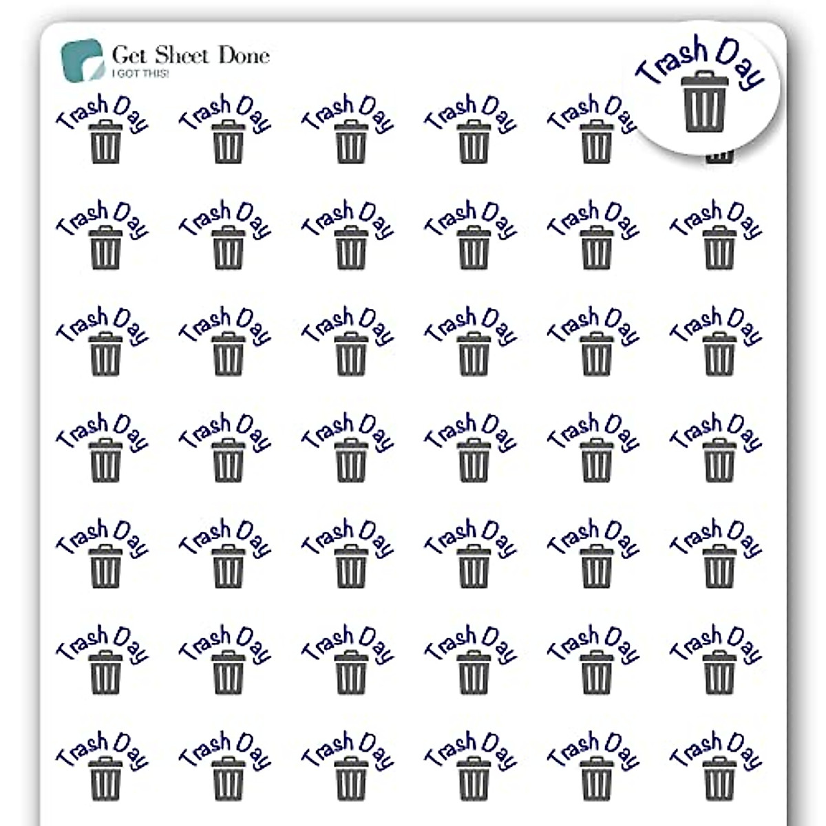 Trash Day Planner Stickers / 54 Fun Vinyl Stickers (1/2”) /  Chore Reminder /  Essential Productivity Life Planner Stickers/Bujo Bullet Journaling/Todo Appointments (Matte Vinyl, 1 Sheet)