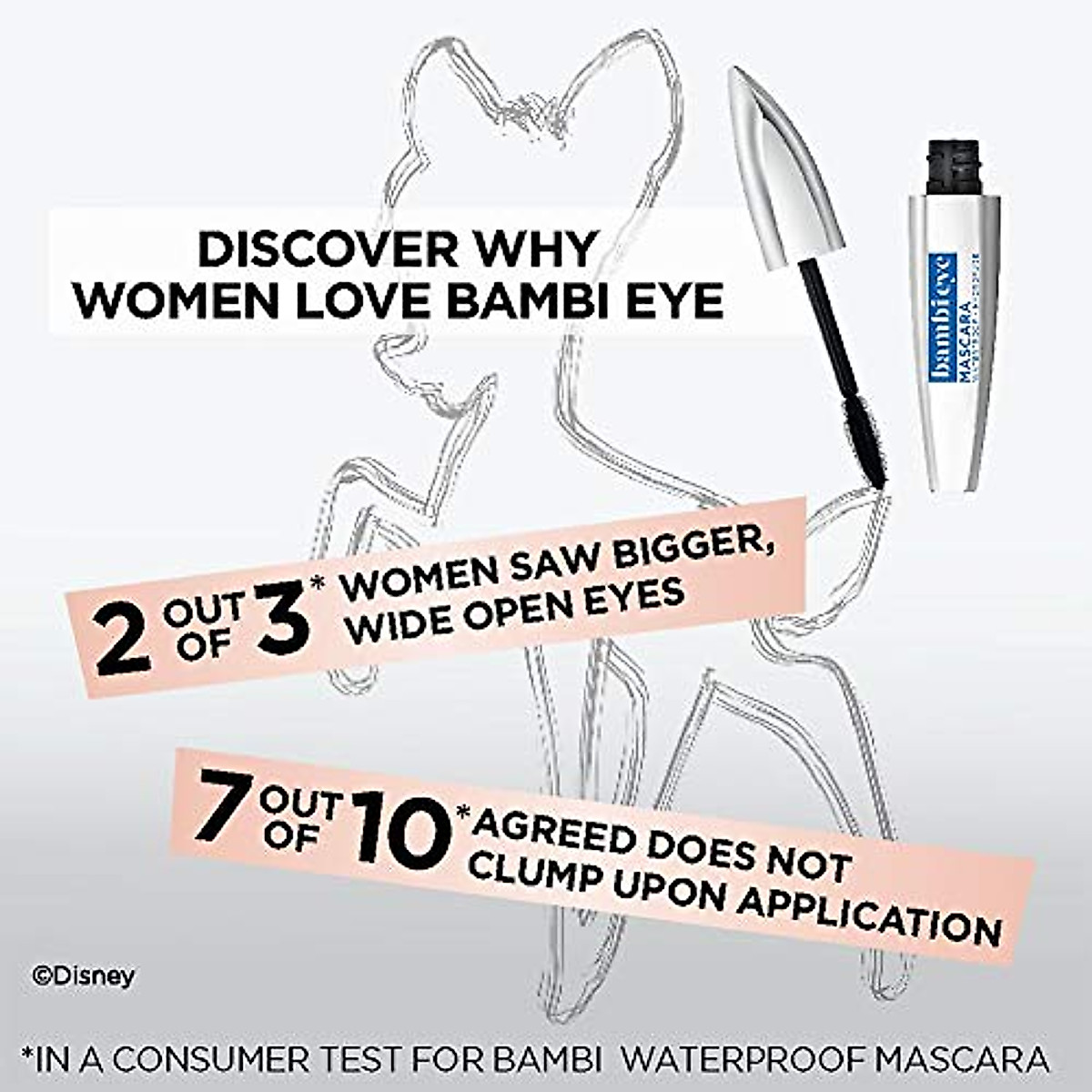 L'Oreal Paris Bambi Eye Mascara, Lasting Volume, Length & Lift, Doe-Eye Definition, No Clumping or Smudging, Waterproof, Blackest Black, 0.21 fl. oz.